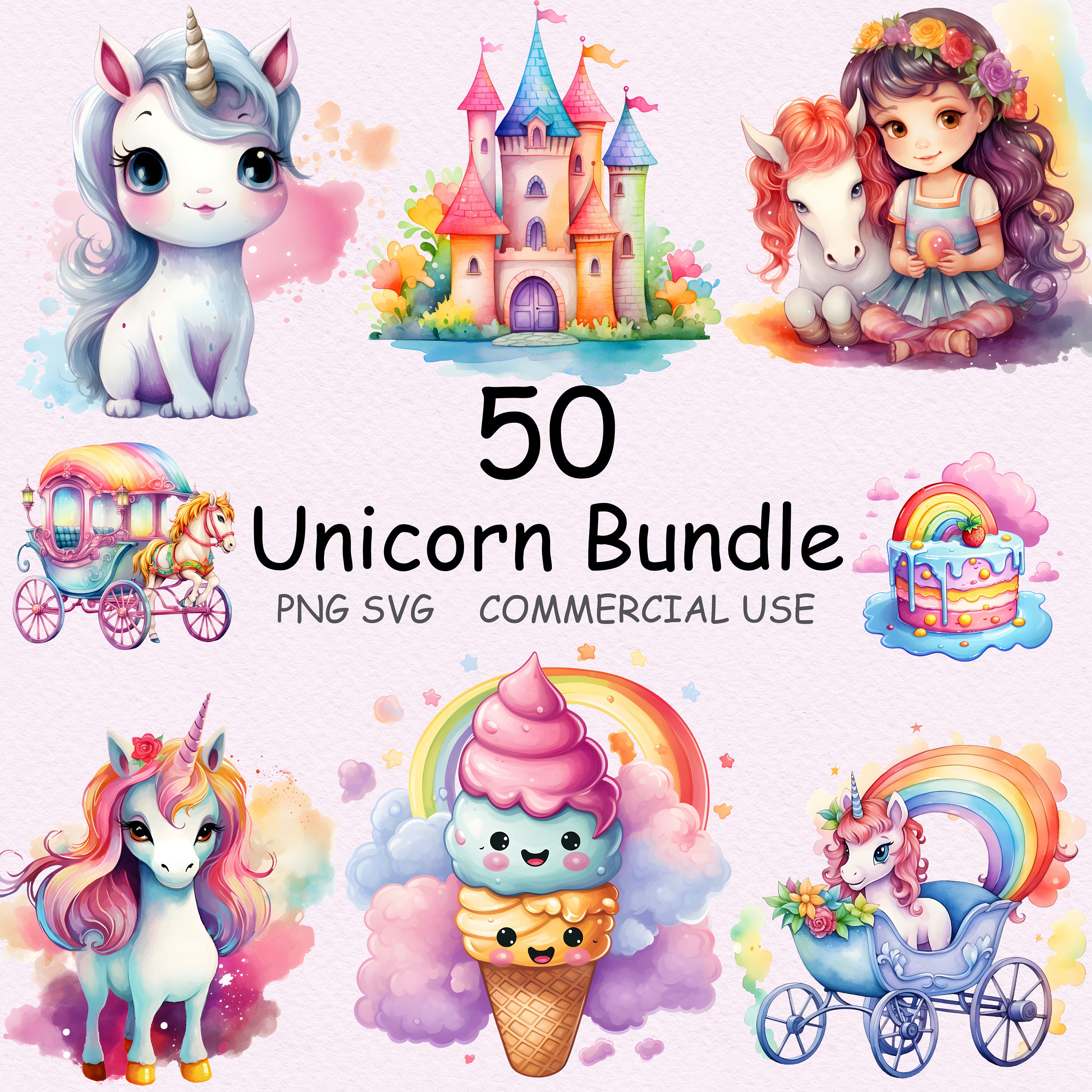 50 Watercolor Unicorn Element Clipart Cartoon Isolated Bundle With ...