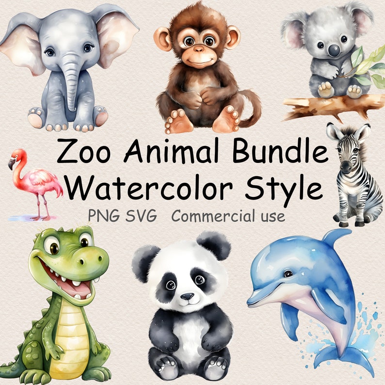 20 Watercolor Zoo Animal Element Clipart Cartoon Isolated Bundle With ...