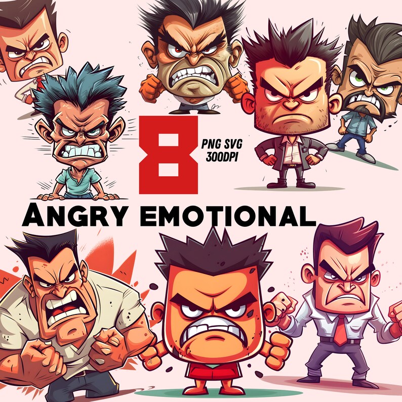 8 Angry Emotional Face Bundle Clipart Cartoon Isolated PNG SVG File ...
