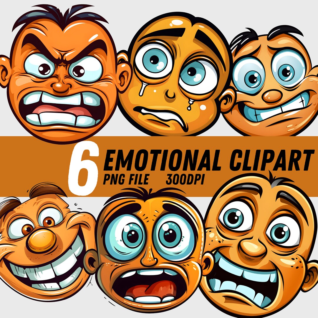 6 Emotional Face Clipart Isolated PNG File Bundle 300dpi Transparent ...