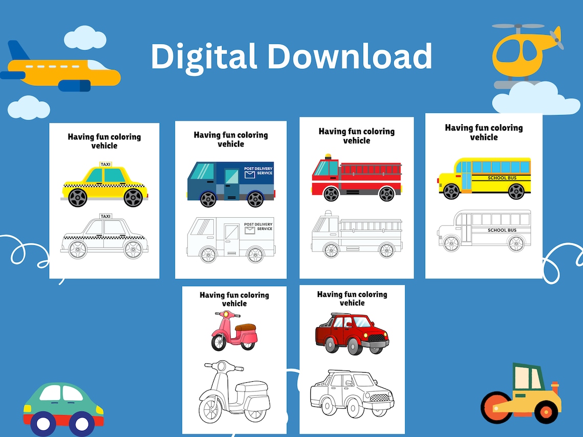 Vehicle Coloring Pages: 15 Printable Kids Activity Sheets (digital ...