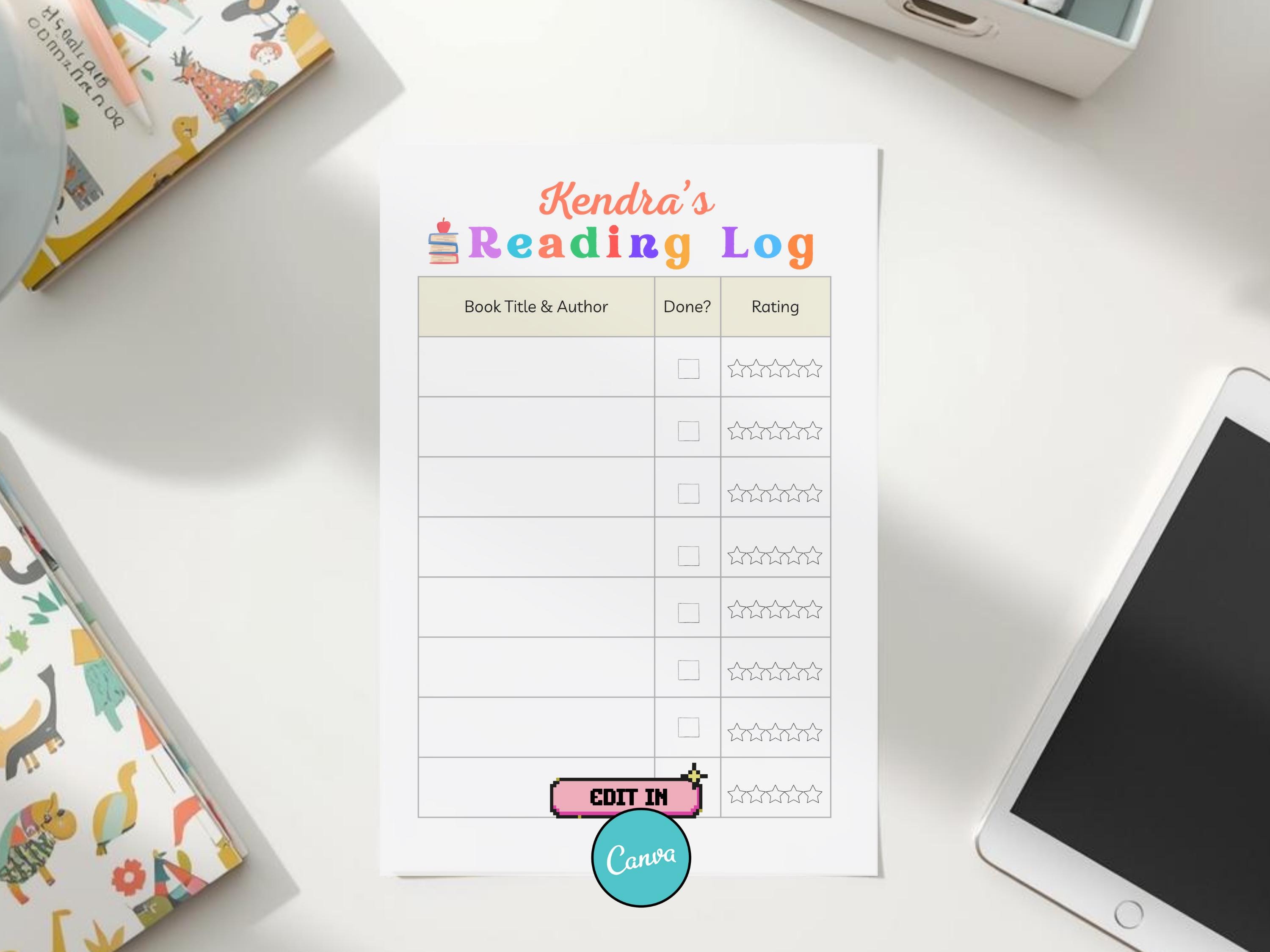Editable Reading Log for Grade Schoolers: Canva Template Digital ...