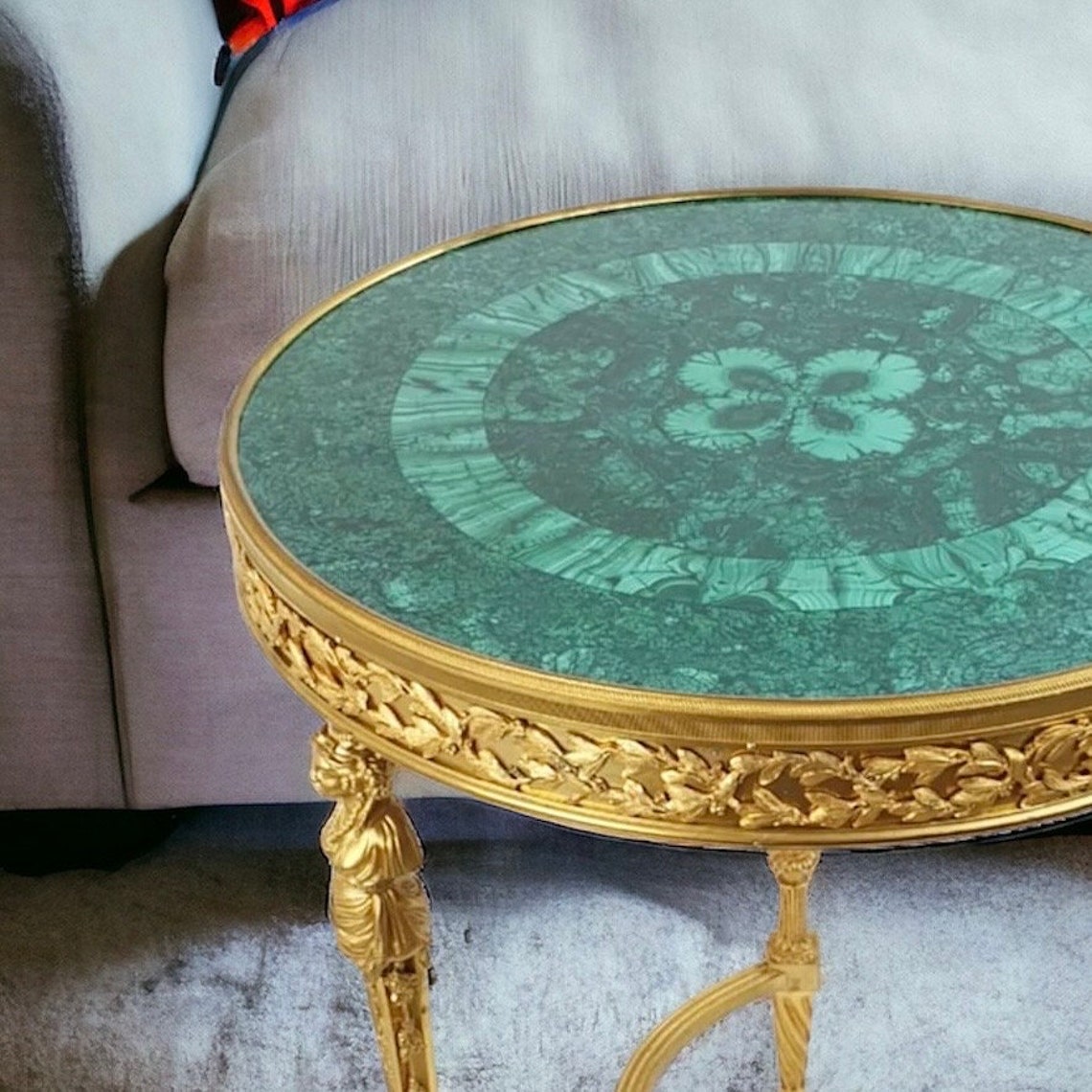 Green Marble Round Coffee Dining Table Top Malachite Random Inlay Stone ...