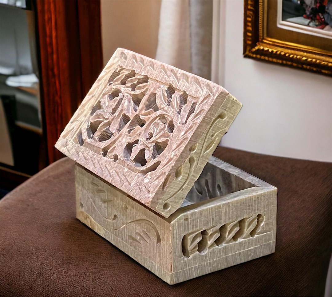 Hand-carved Marble Soapstone Jewelry Box – Elegant Keepsake for Rings ...