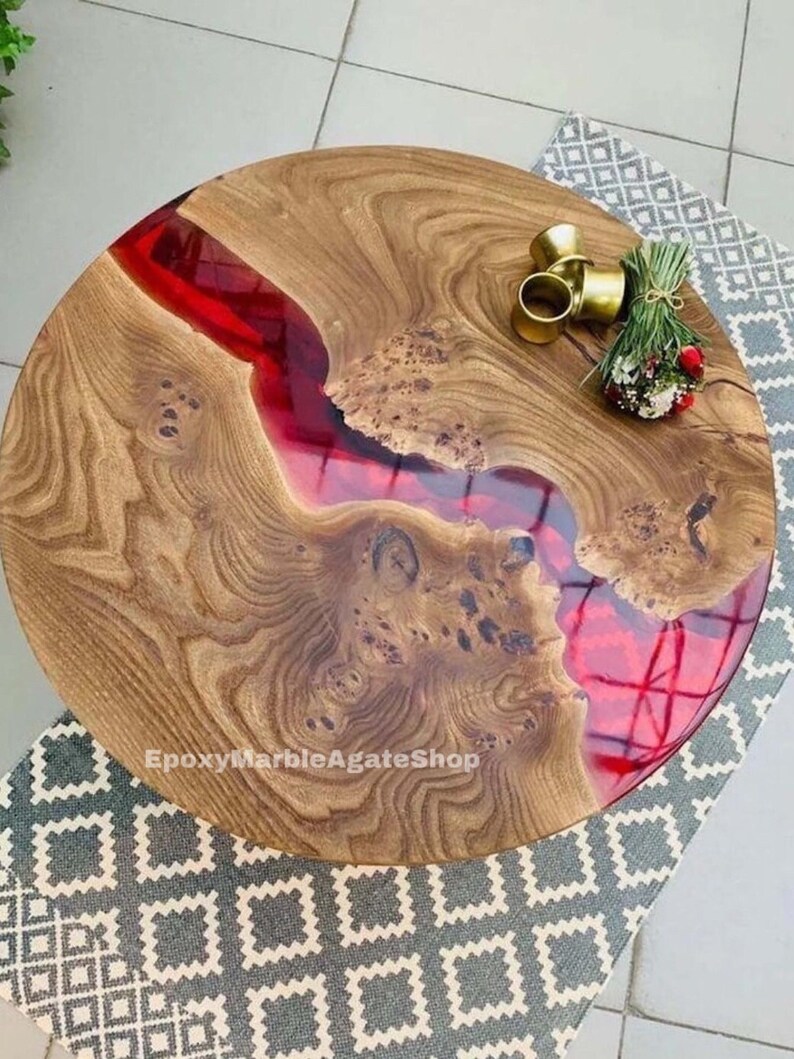 Round Epoxy Coffee Table, Red Resin Table Top, Handmade Furniture ...