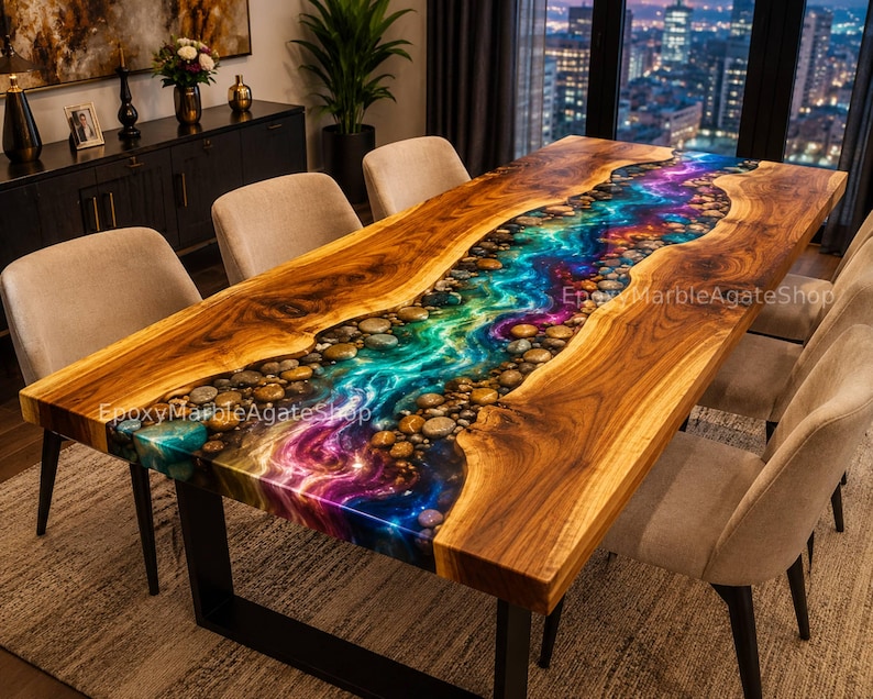 Acacia Wood Epoxy River Dining Table, Multi-color Resin Live Edge ...