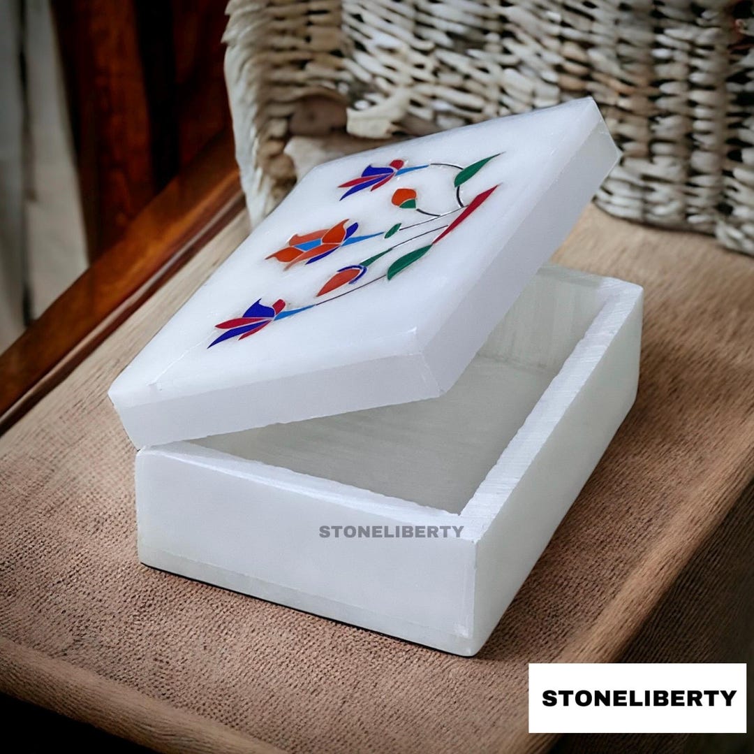 Handcrafted Alabaster Marble Semi Precious Stones Inlay Jewelry Box ...