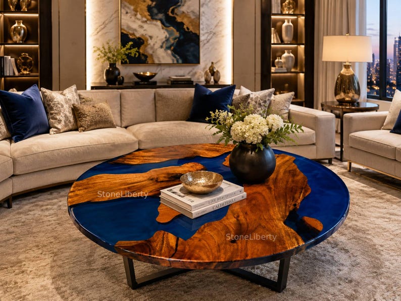 Blue Epoxy River Round Coffee Table | Live Edge Wood Dining Top (made ...