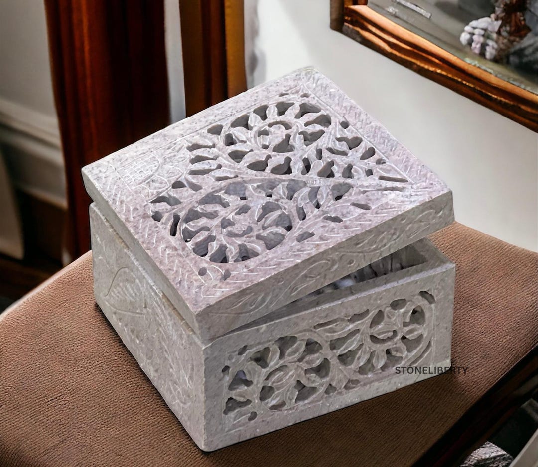 Marble Soapstone Jewelry Box – Handmade Carved Jewelry Storage – 6x4x1 ...