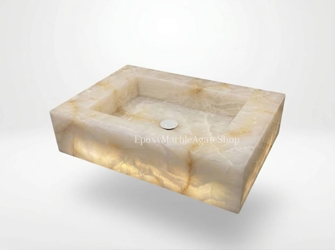White Onyx Vessel Sink – Translucent Natural Stone Bathroom Basin ...
