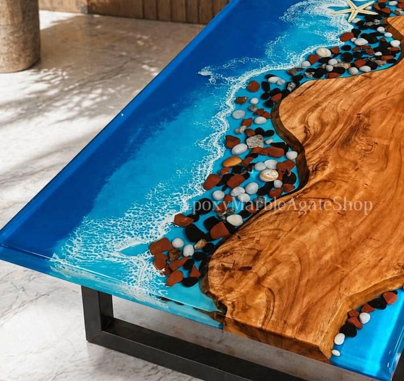 Ocean Epoxy Resin Table – Live Edge Wood Coffee Table, Beach Wave ...
