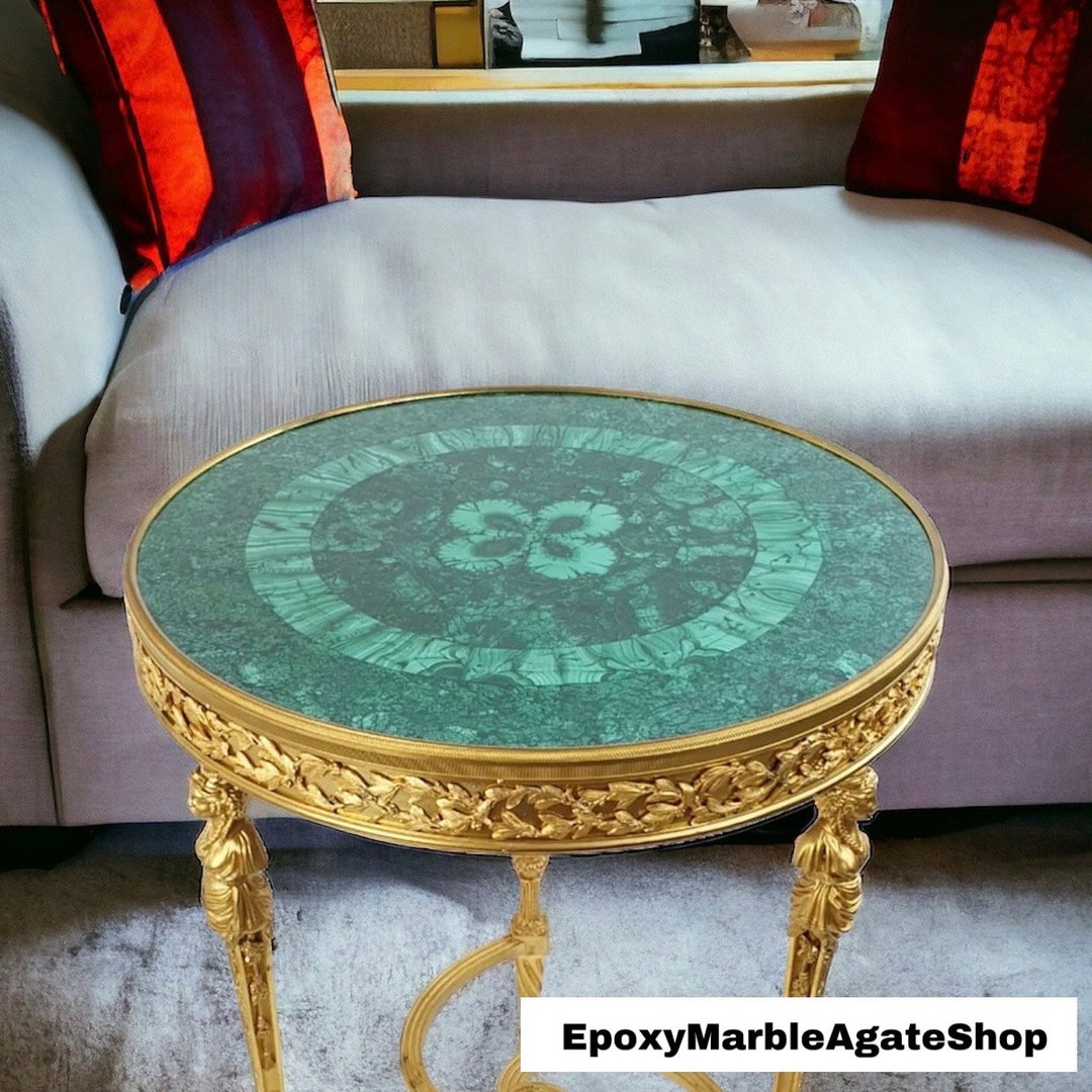 Green Marble Round Coffee Dining Table Top Malachite Random Inlay Stone ...