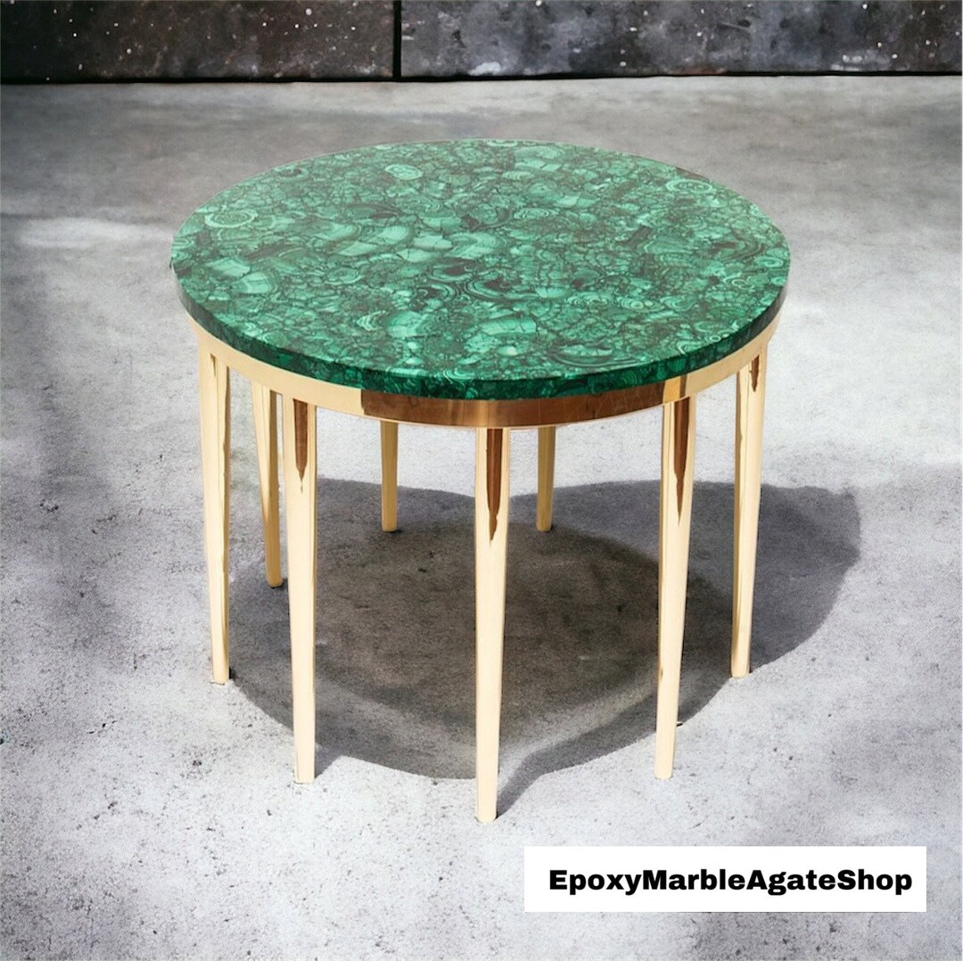 Green Marble Round Coffee Dining Table Top Malachite Random Inlay Stone ...