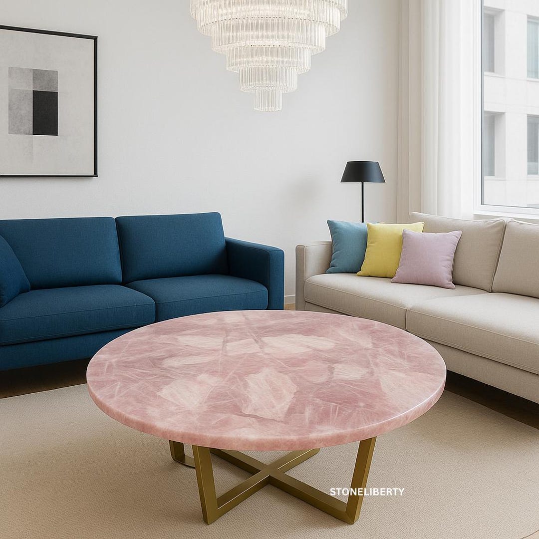 Rose Quartz Round Table Top – Pink Crystal Gemstone Table – Handmade ...