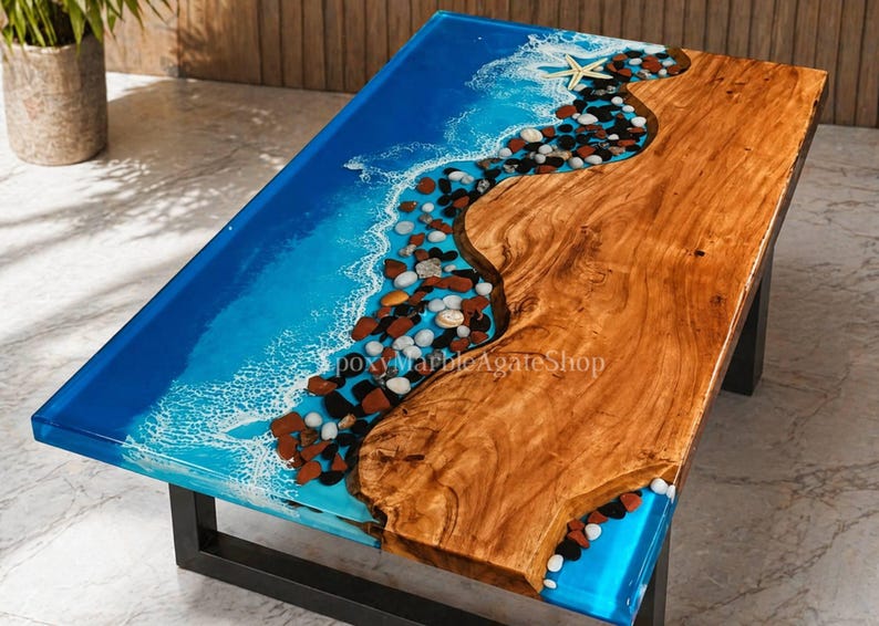 Ocean Epoxy Resin Table – Live Edge Wood Coffee Table, Beach Wave ...