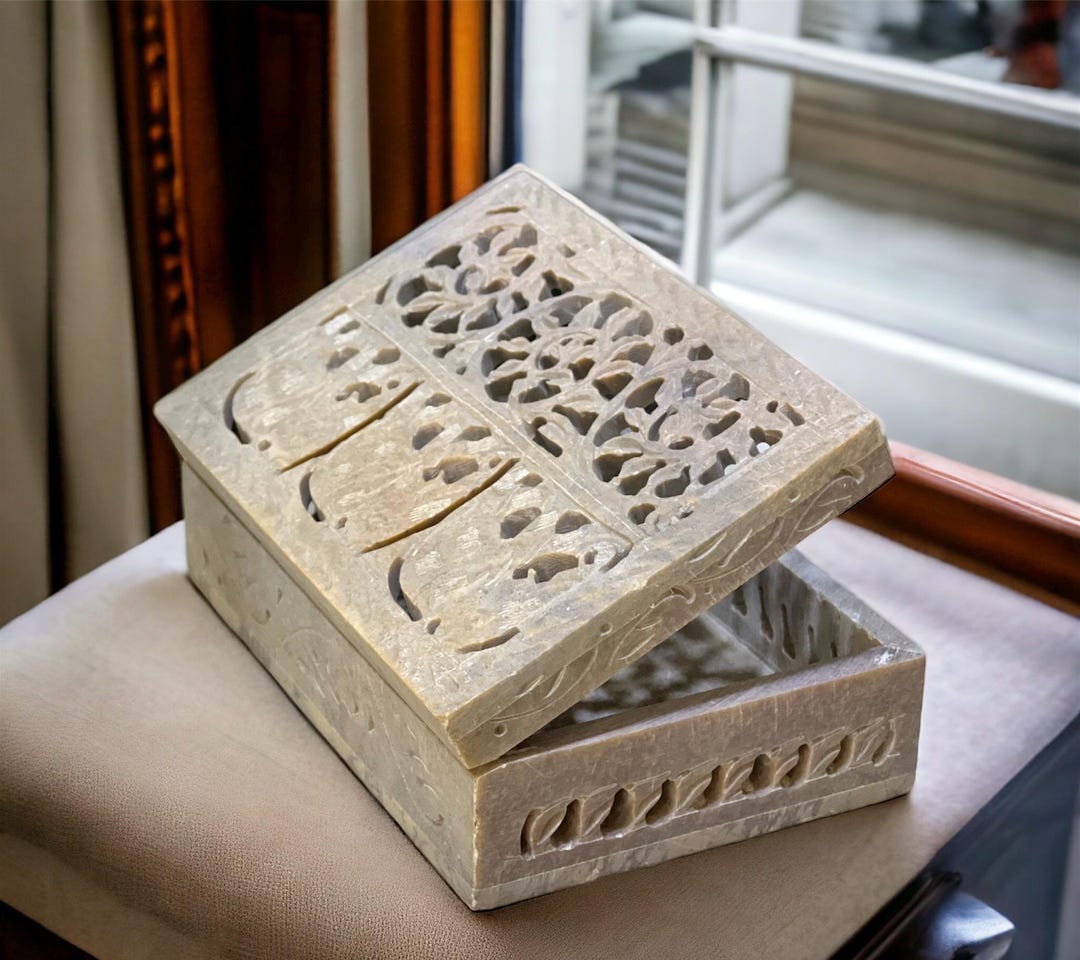 Marble Soapstone Jewelry Box – Handmade Carved Jewelry Storage – 6x4x1 ...
