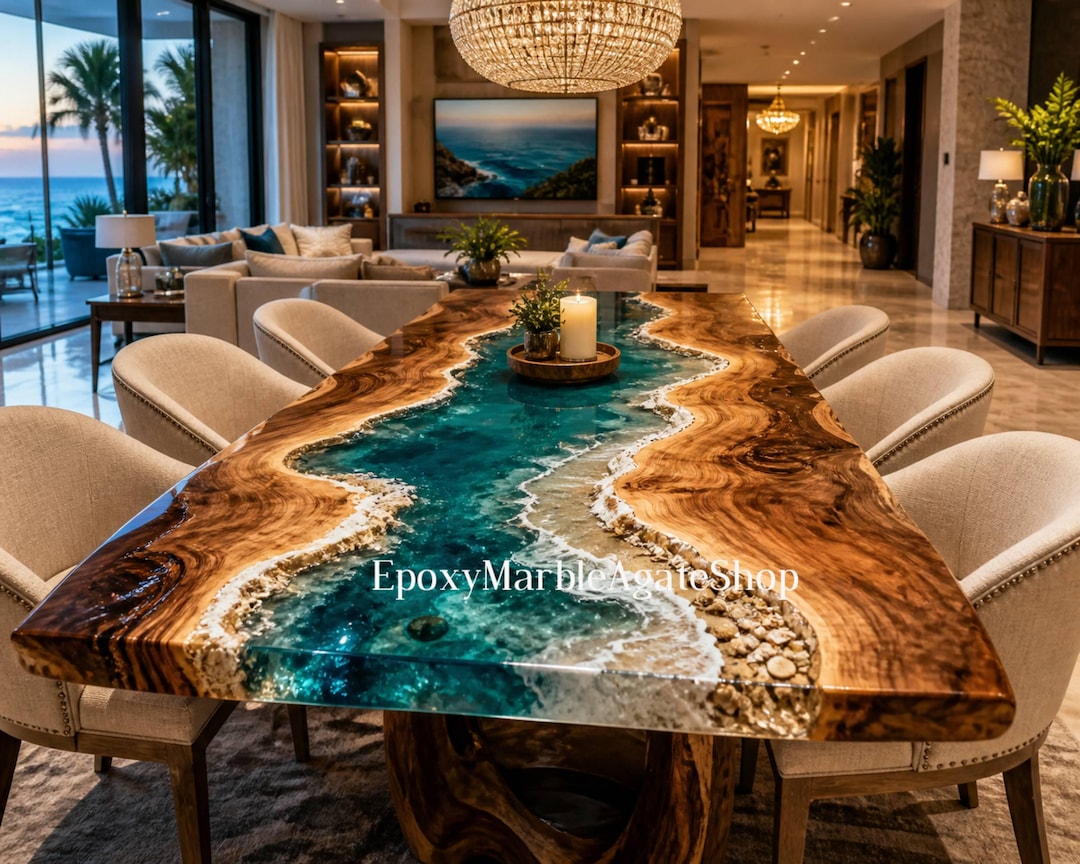 Ocean River Epoxy Dining Table, Live Edge Acacia Wood, Coastal Resin ...
