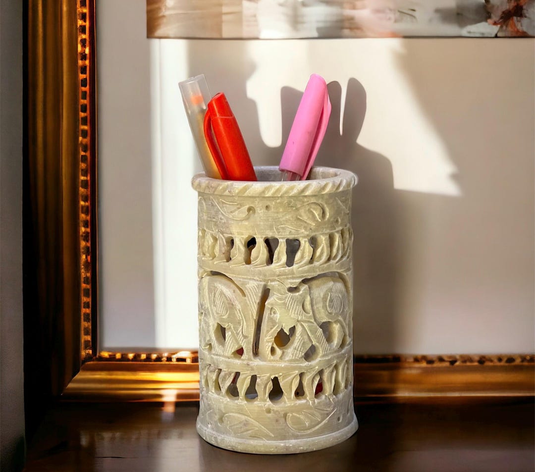 Hand-carved Marble Soapstone Pen Holder | Desk Organizer | Rustic ...