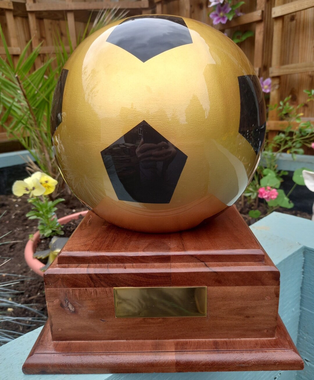 Football Cremation / Memorial Urn for Ashes Gold & Black With Oak Base ...