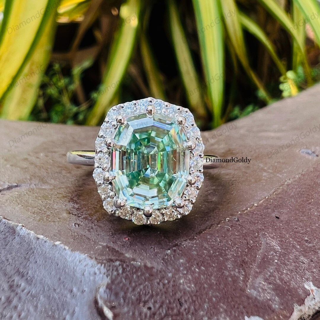 Green Step Cut Cushion Cut Moissanite Diamond Ring 14K Solid White Gold ...