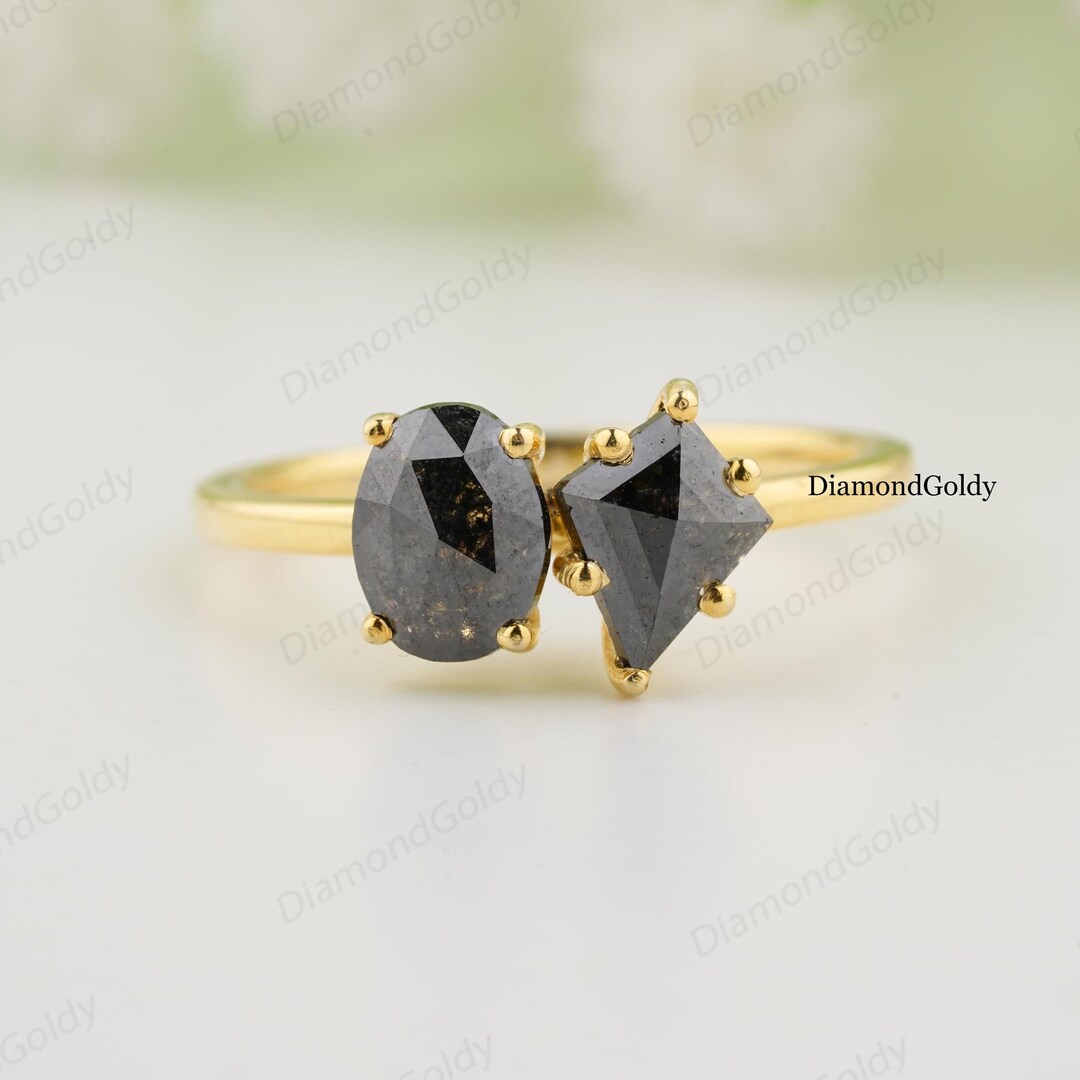 Toi Et Moi Salt and Pepper Diamond Ring, 14K Gold Two Stone Engagement Ring, Unique Anniversary ...