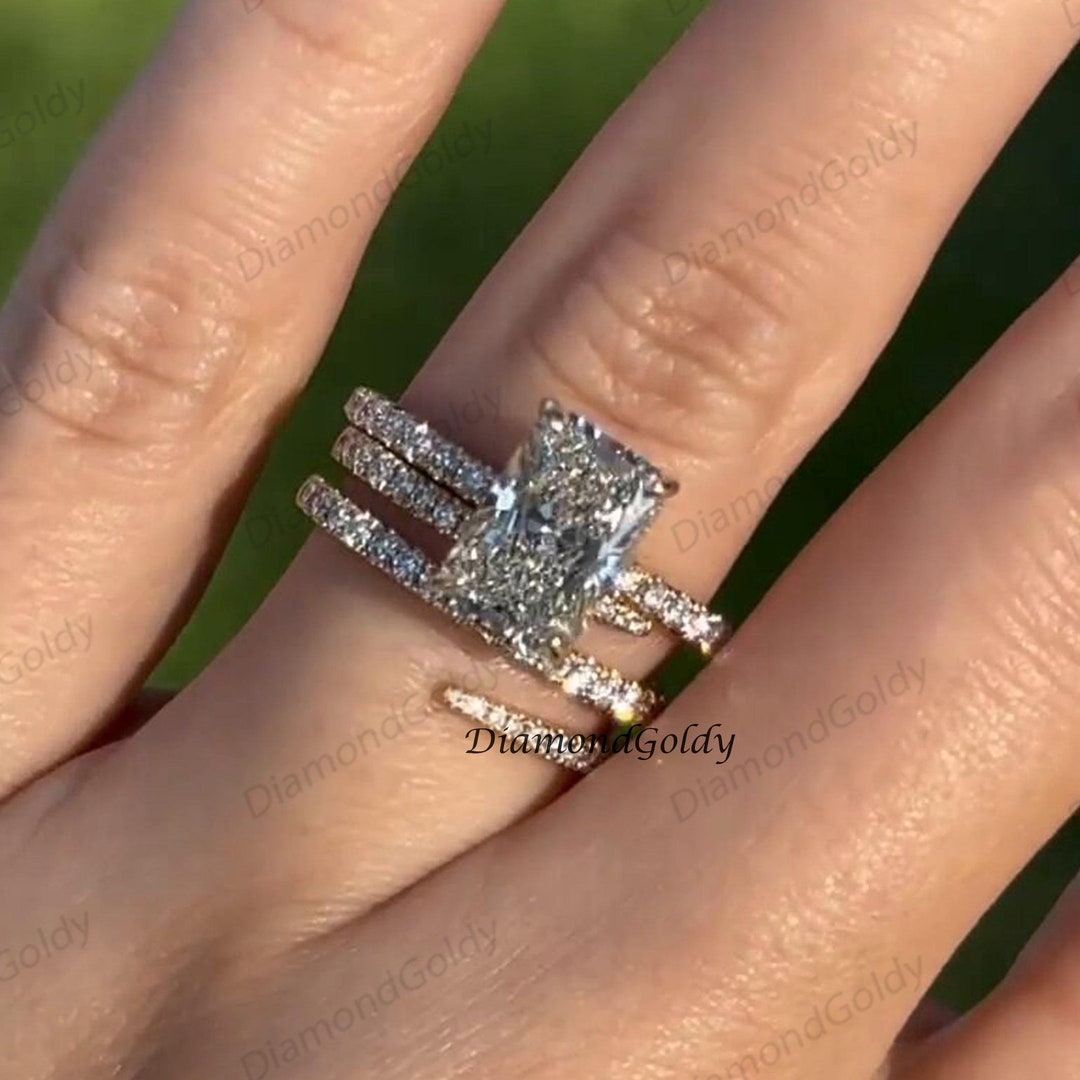 3CT Radiant Cut Diamond Engagement Ring Set Radiant Moissanite Ring Set ...