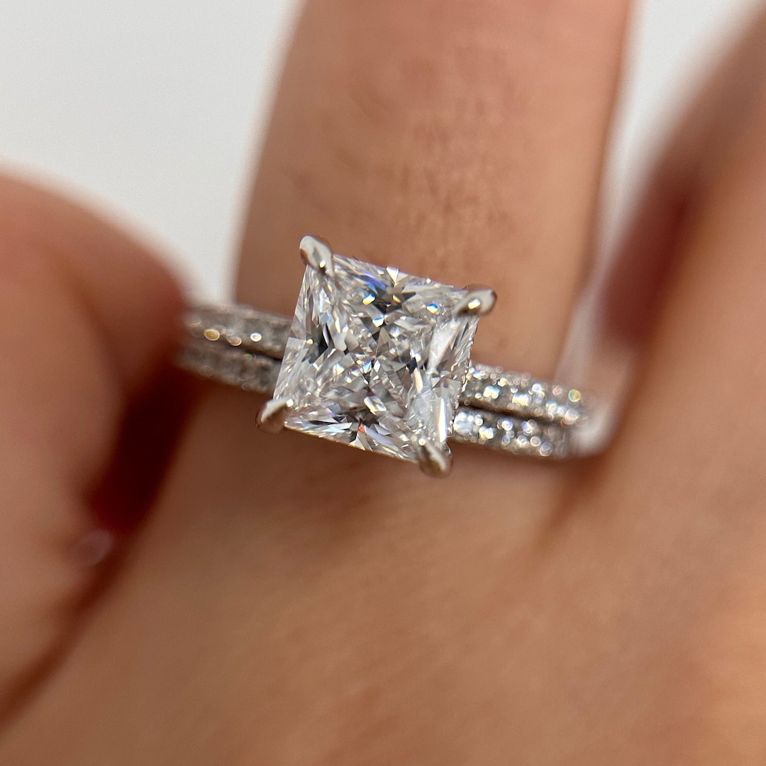 2.00 CT Princess Cut Moissanite Wedding Ring Set Princess Cut Bridal Ring Set Round Moissanite ...