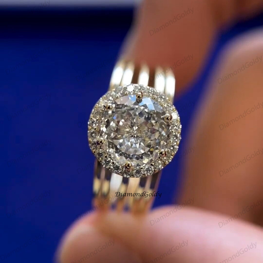 Portuguese Cut Moissanite Engagement Ring Halo Vintage Wedding Ring ...