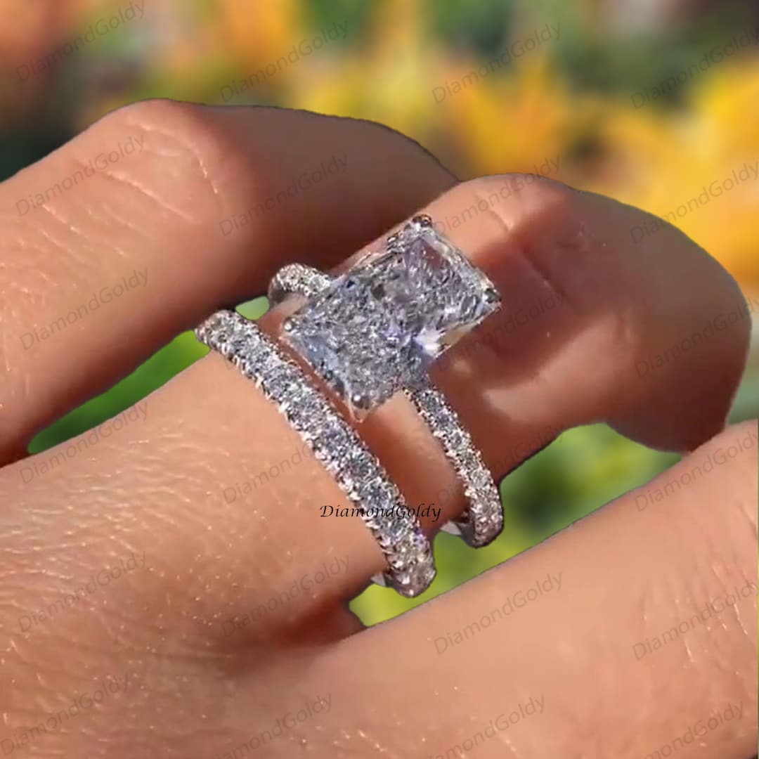 3CT Radiant Cut Moissanite Engagement Diamond Ring Set Bridal Ring Set ...