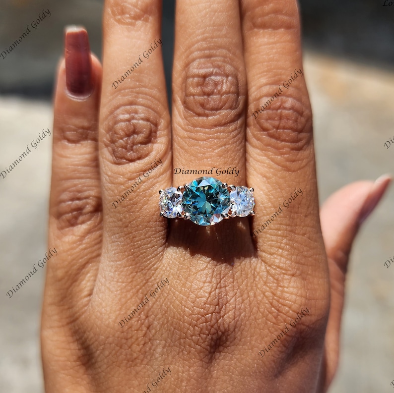 Cyan Blue Moissanite Engagement Ring Three Stone 14K Gold Ring Unique ...