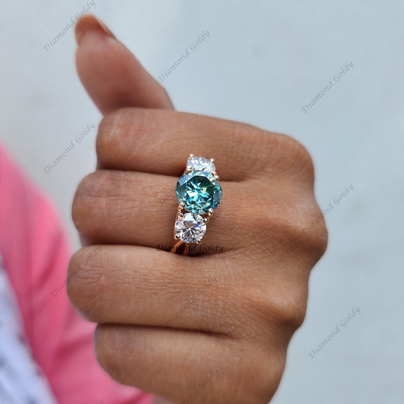 Cyan Blue Moissanite Engagement Ring Three Stone 14K Gold Ring Unique ...