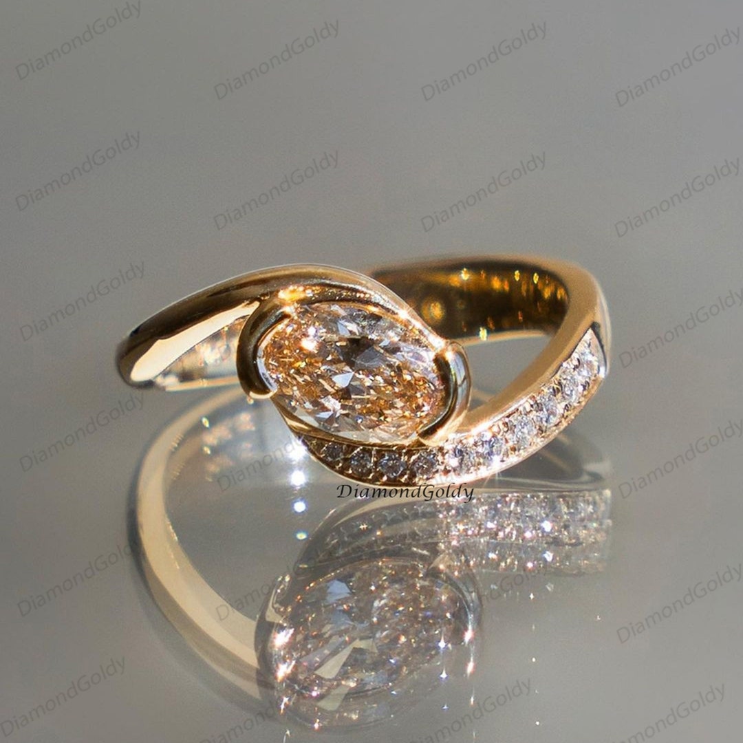 East West Oval Diamond Engagement Ring Champagne Oval Cut Moissanite ...