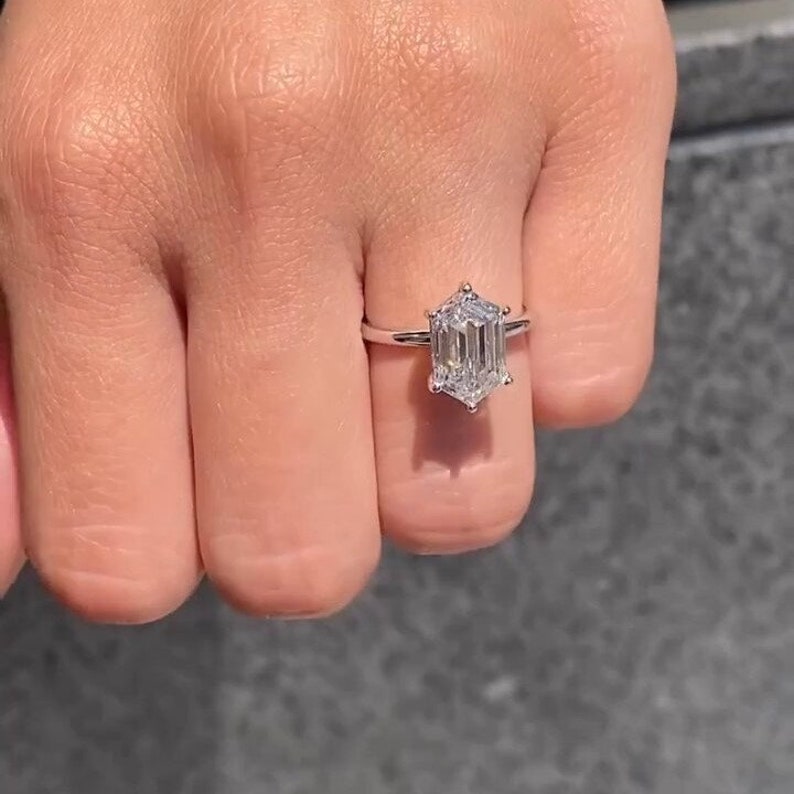 3 CT Elongated Hexagon Moissanite Solitaire Engagement Ring Gift for ...