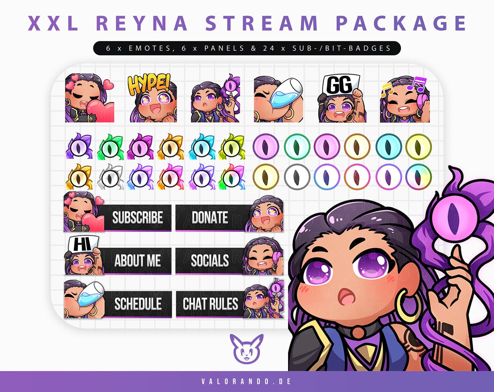XXL STREAM PACKAGE Reyna Valorant Emotes, Panels and Sub-/bit-badges ...
