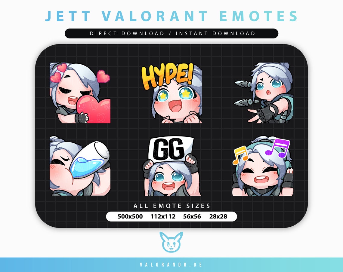 VALORANT JETT EMOTES 6 Twitch Discord Youtube Streaming Cute Chibi Jett ...