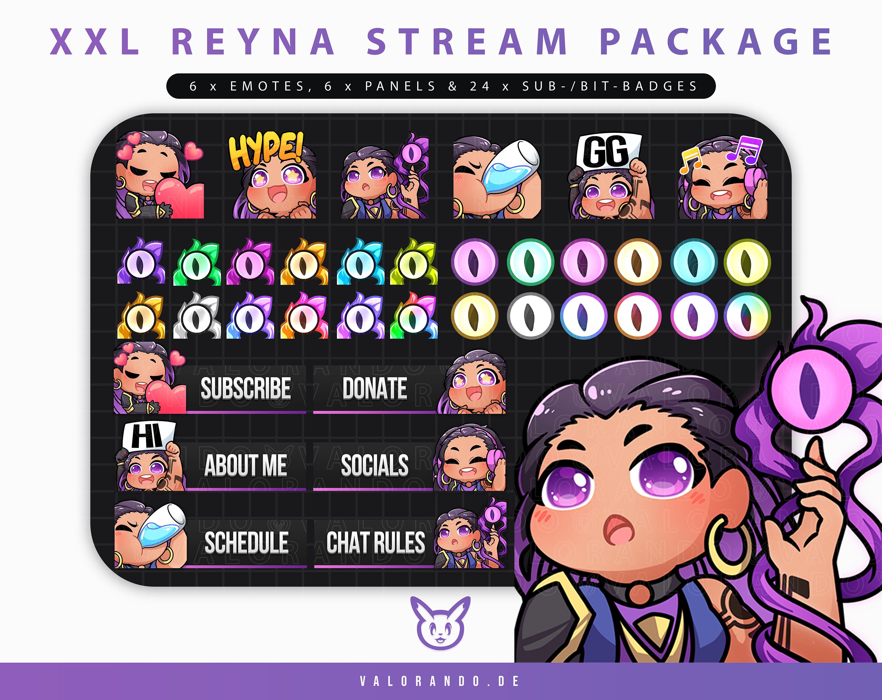 XXL STREAM PACKAGE Reyna Valorant Emotes, Panels and Sub-/bit-badges ...
