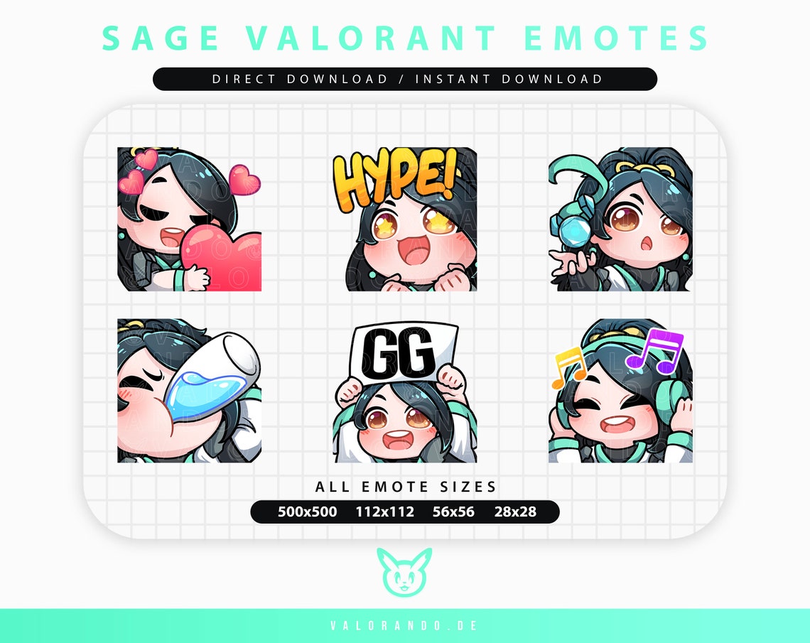 VALORANT SAGE EMOTES 6 Twitch Discord Youtube Streaming Cute Chibi Sage ...