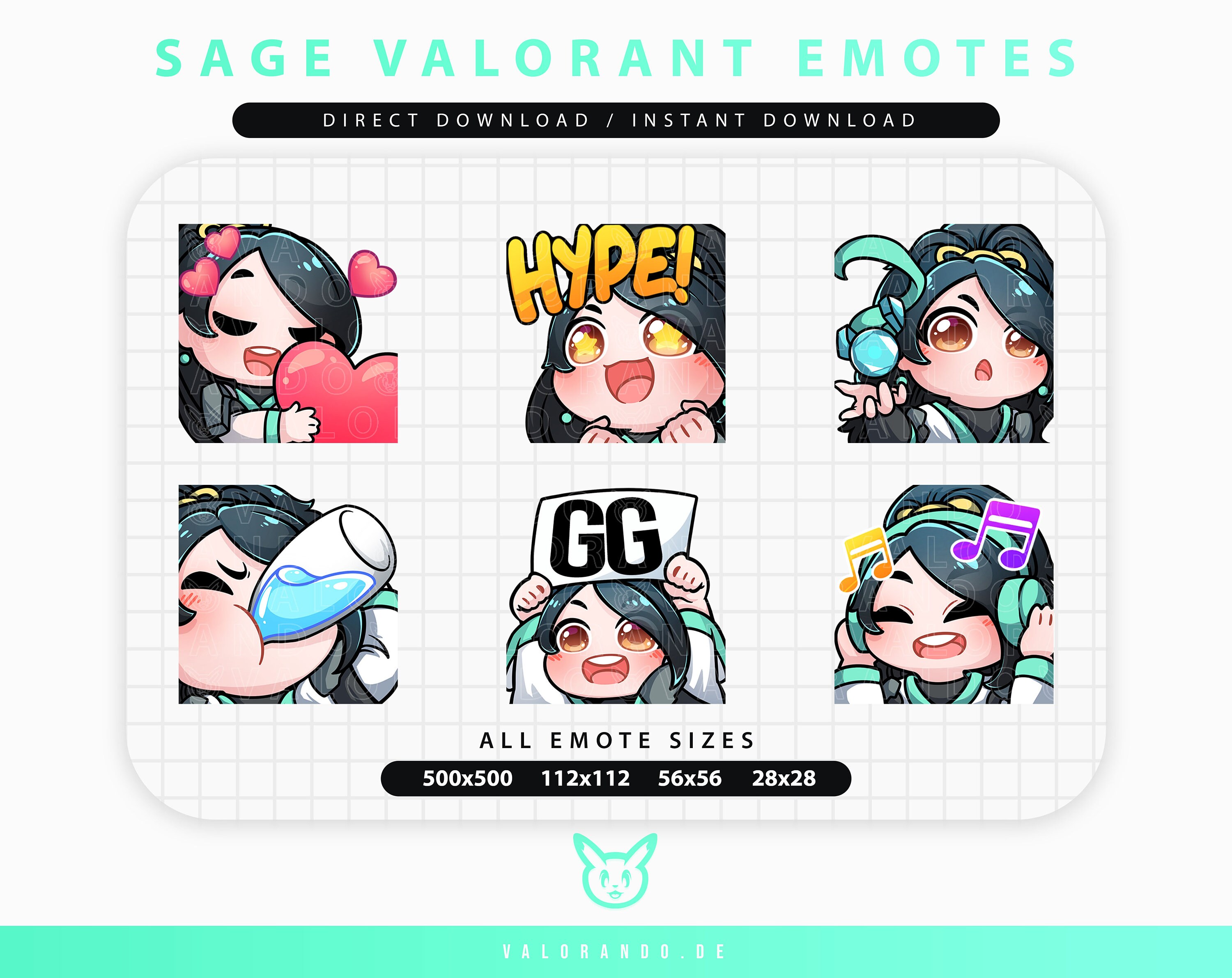 VALORANT SAGE EMOTES 6 Twitch Discord Youtube Streaming Cute Chibi Sage ...
