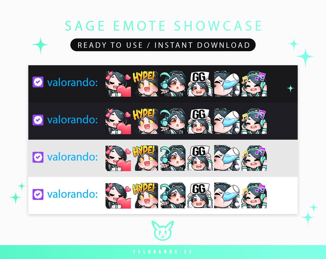 VALORANT SAGE EMOTES 6 Twitch Discord Youtube Streaming Cute Chibi Sage ...