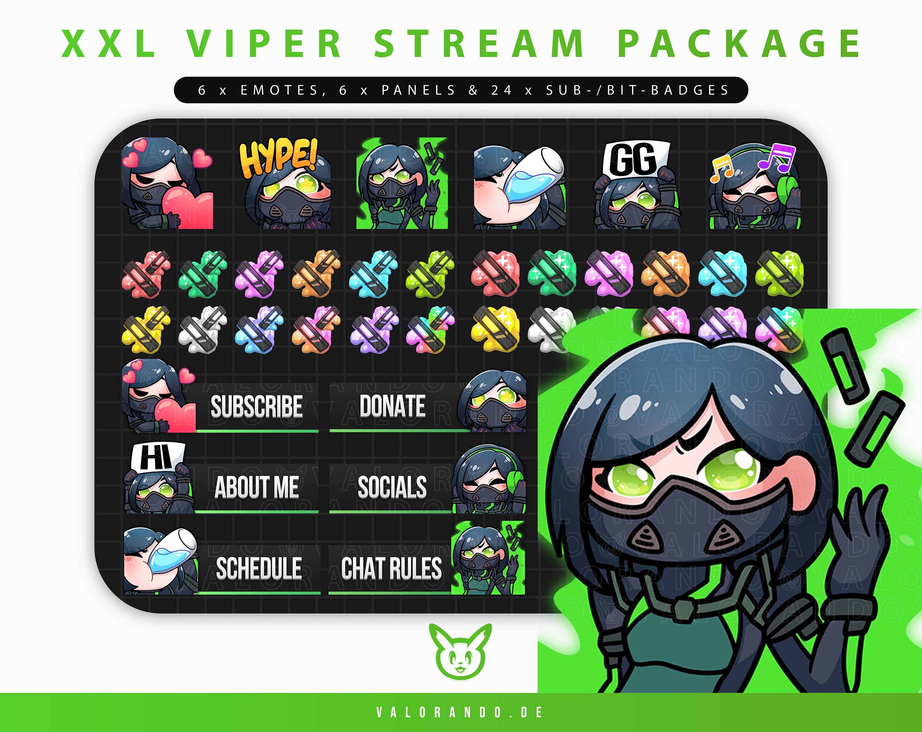 XXL STREAM PACKAGE Viper Valorant Emotes, Panels and Sub-/bit-badges ...