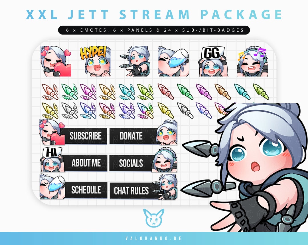 XXL STREAM PACKAGE Jett Valorant Emotes, Panels and Sub-/bit-badges ...