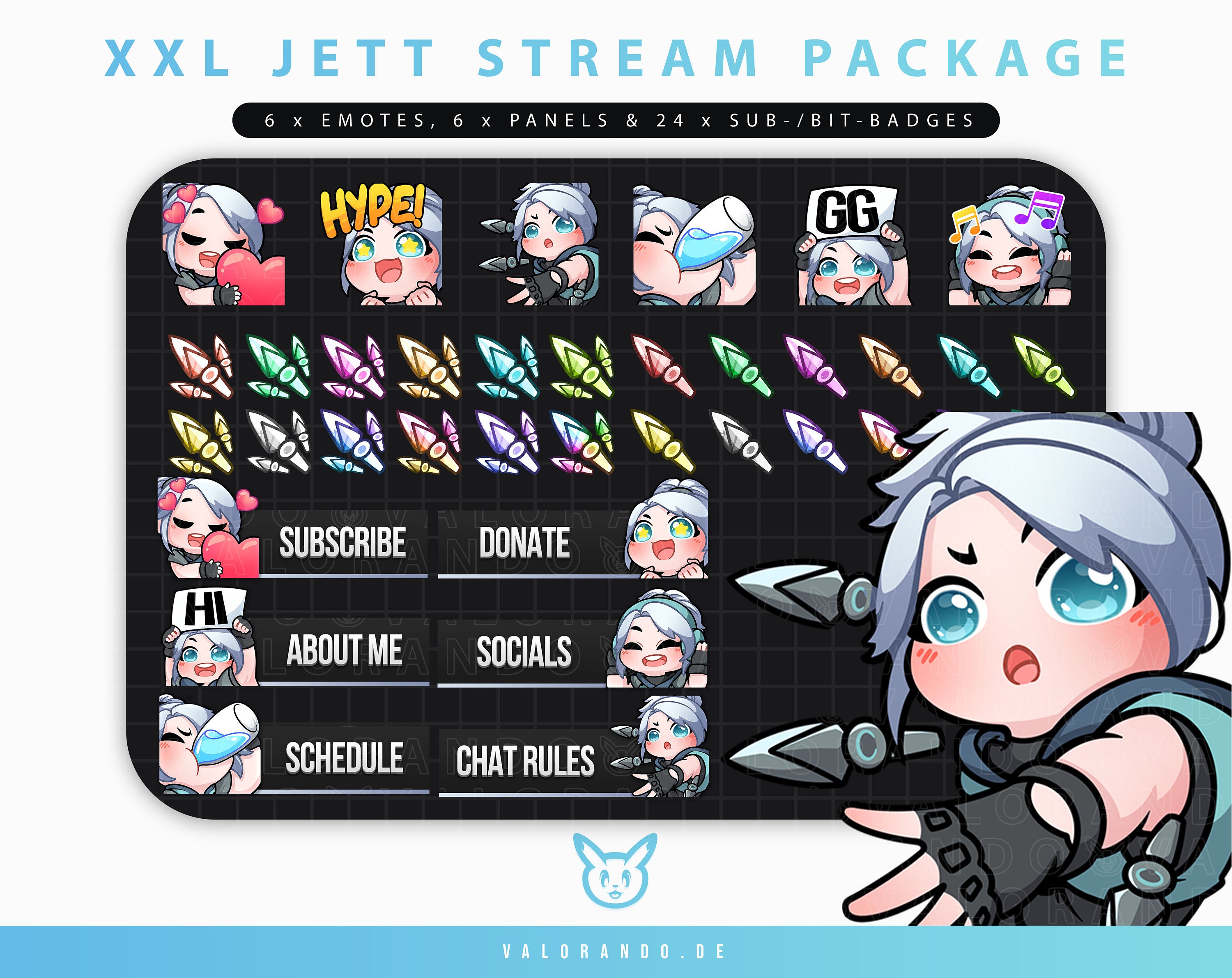 XXL STREAM PACKAGE Jett Valorant Emotes, Panels and Sub-/bit-badges ...