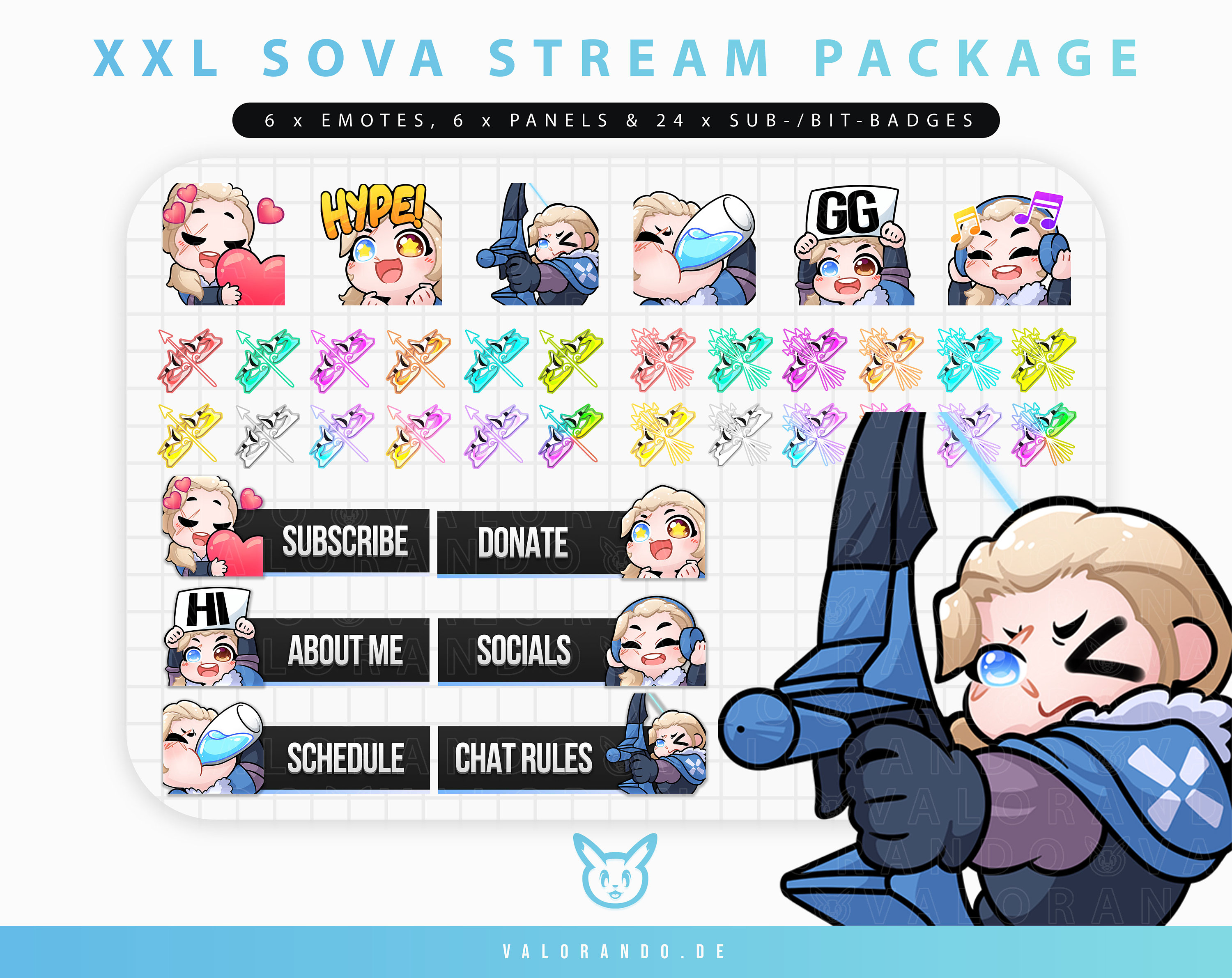 XXL STREAM PACKAGE Sova Valorant Emotes, Panels and Sub-/bit-badges ...