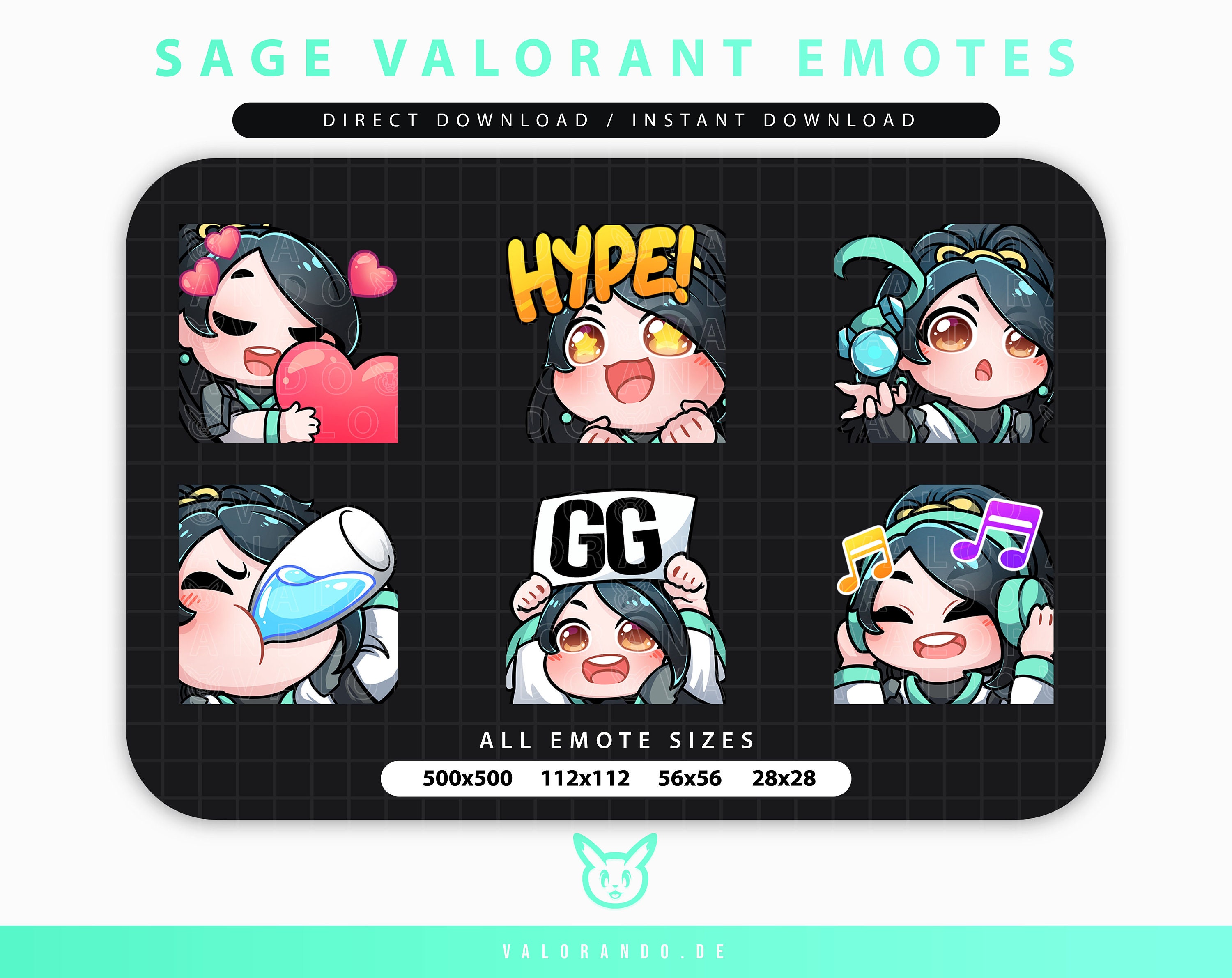 VALORANT SAGE EMOTES 6 Twitch Discord Youtube Streaming Cute Chibi Sage ...