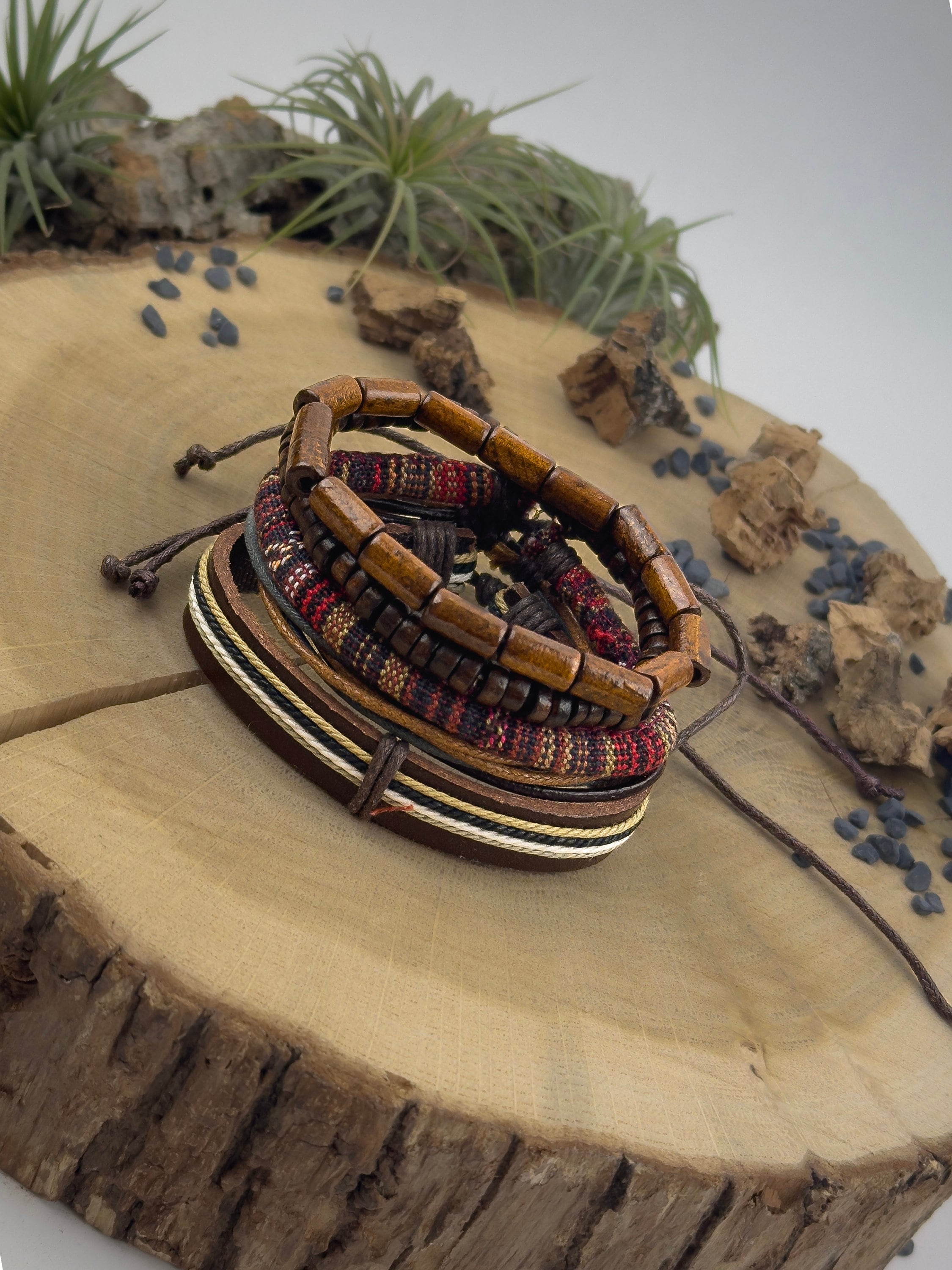 Ethnic Tribal Beaded Bracelet Set Wooden Bead & Genuine Leather ...