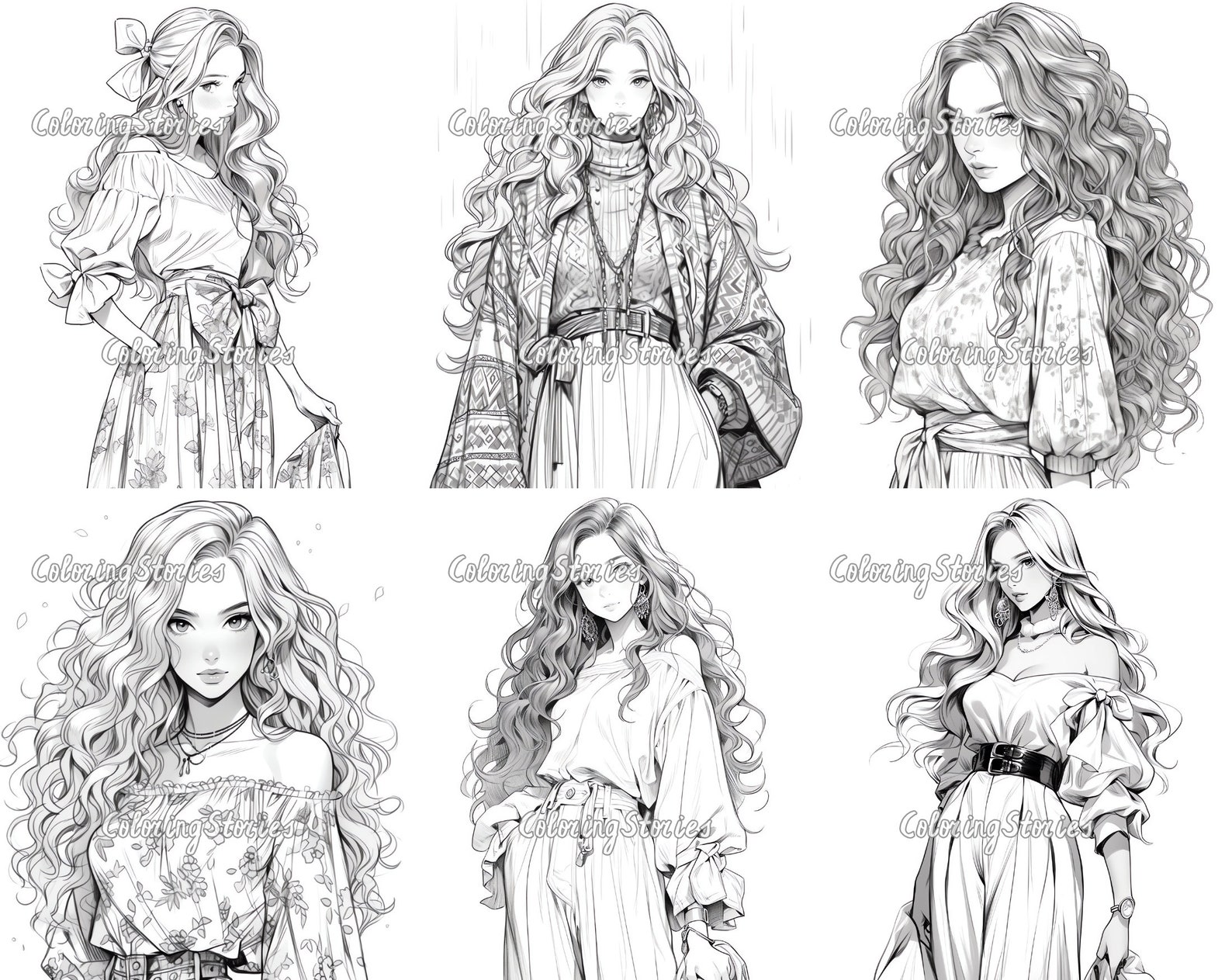 30 Bohemian Style Digital Coloring Book Fashion Girls Coloring Pages ...