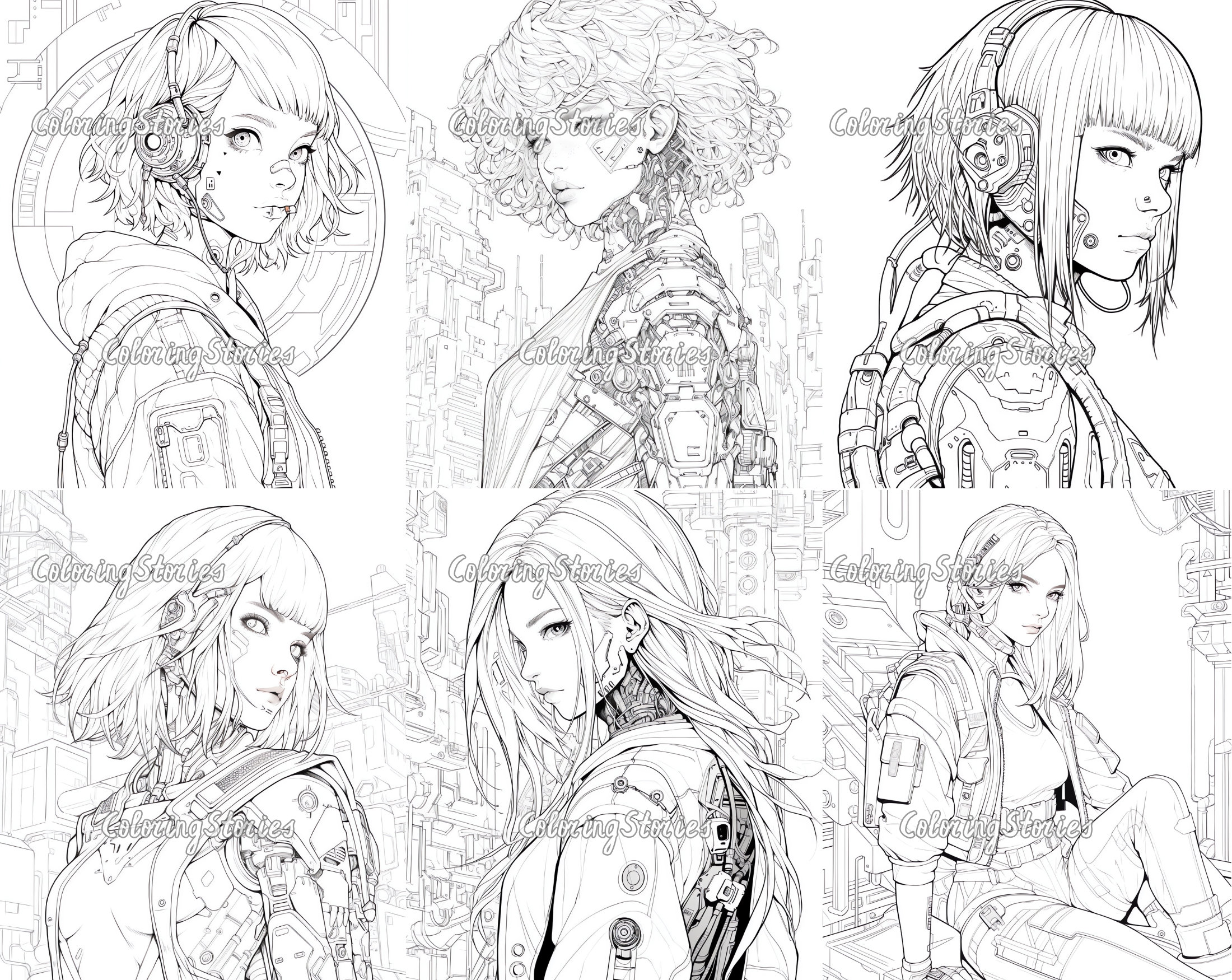 30 Cyberpunk Girls Coloring Pages for Adults Coloring Books Women ...