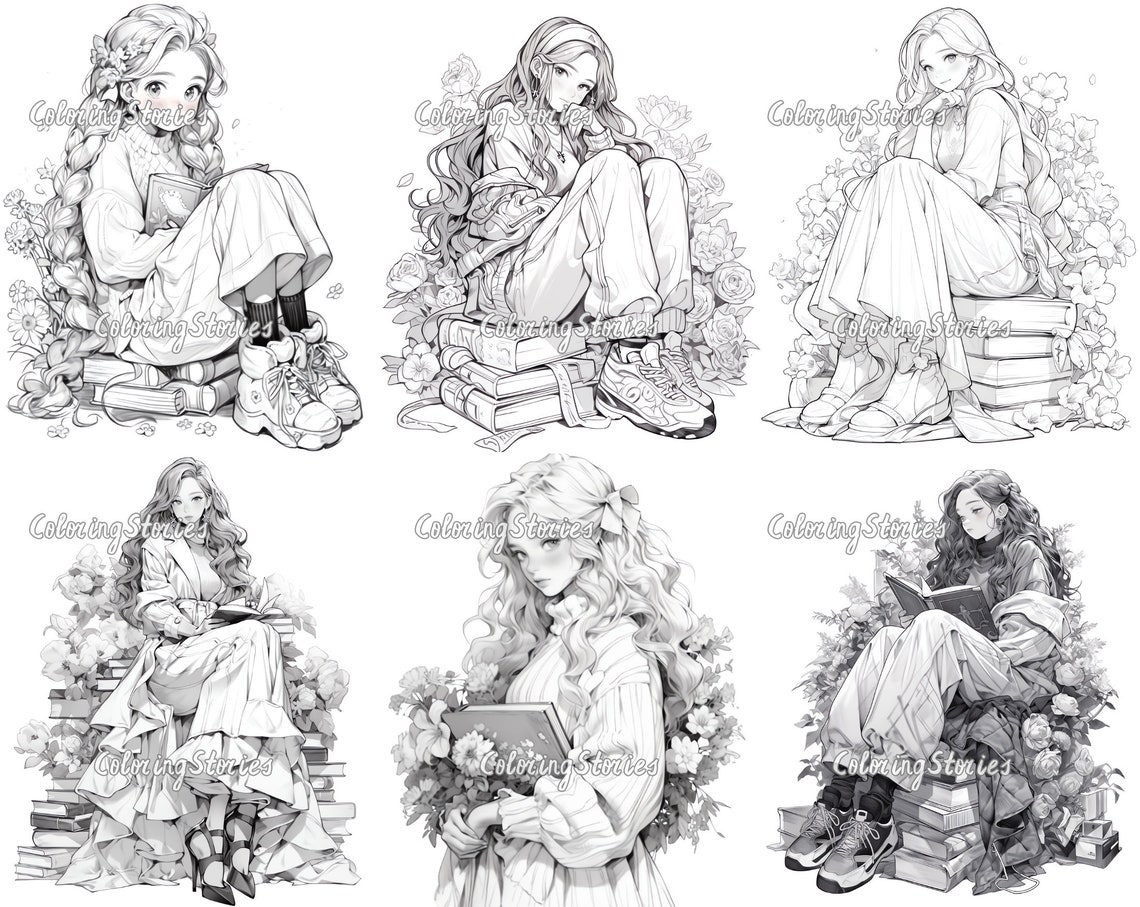 30 Girls With Books Digital Coloring Book Fashion Girls Coloring Pages ...