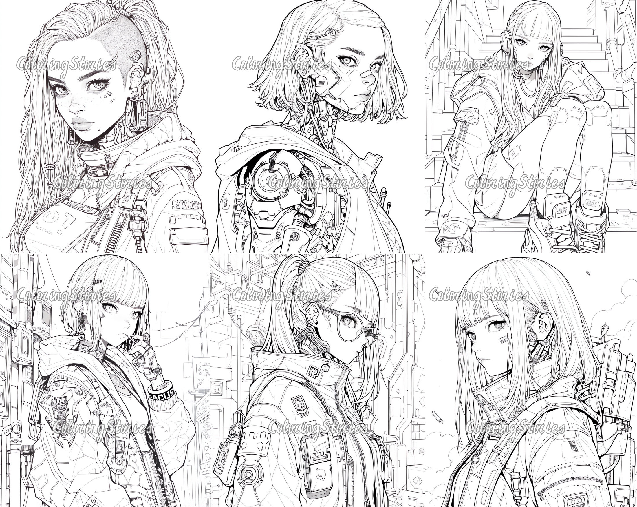 30 Cyberpunk Girls Coloring Pages for Adults Coloring Books Women ...