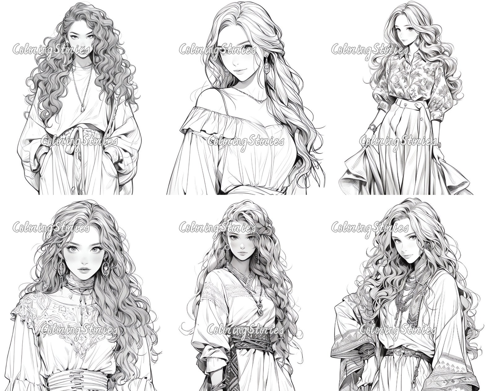 30 Bohemian Style Digital Coloring Book Fashion Girls Coloring Pages ...